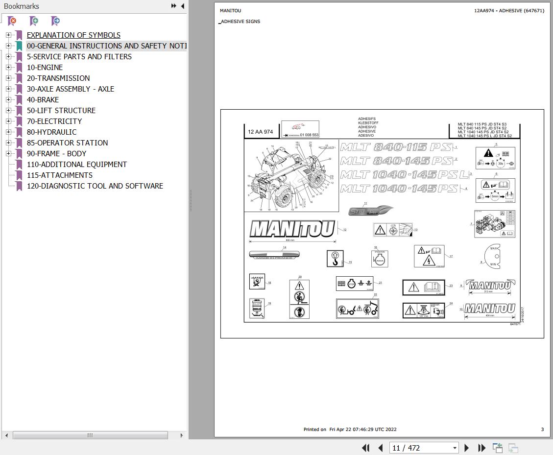 Manitou Telehandler MLT 1040 145 PS JD ST4 S2 Parts Catalog 647671