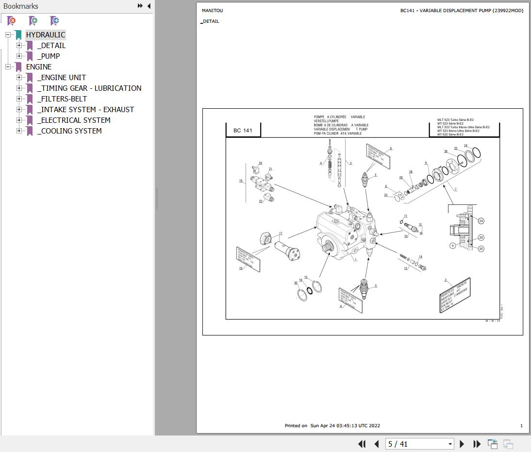 Manitou Telehandler MLT 523 MONO ULTRA SB E2 Parts Catalog 239922MOD