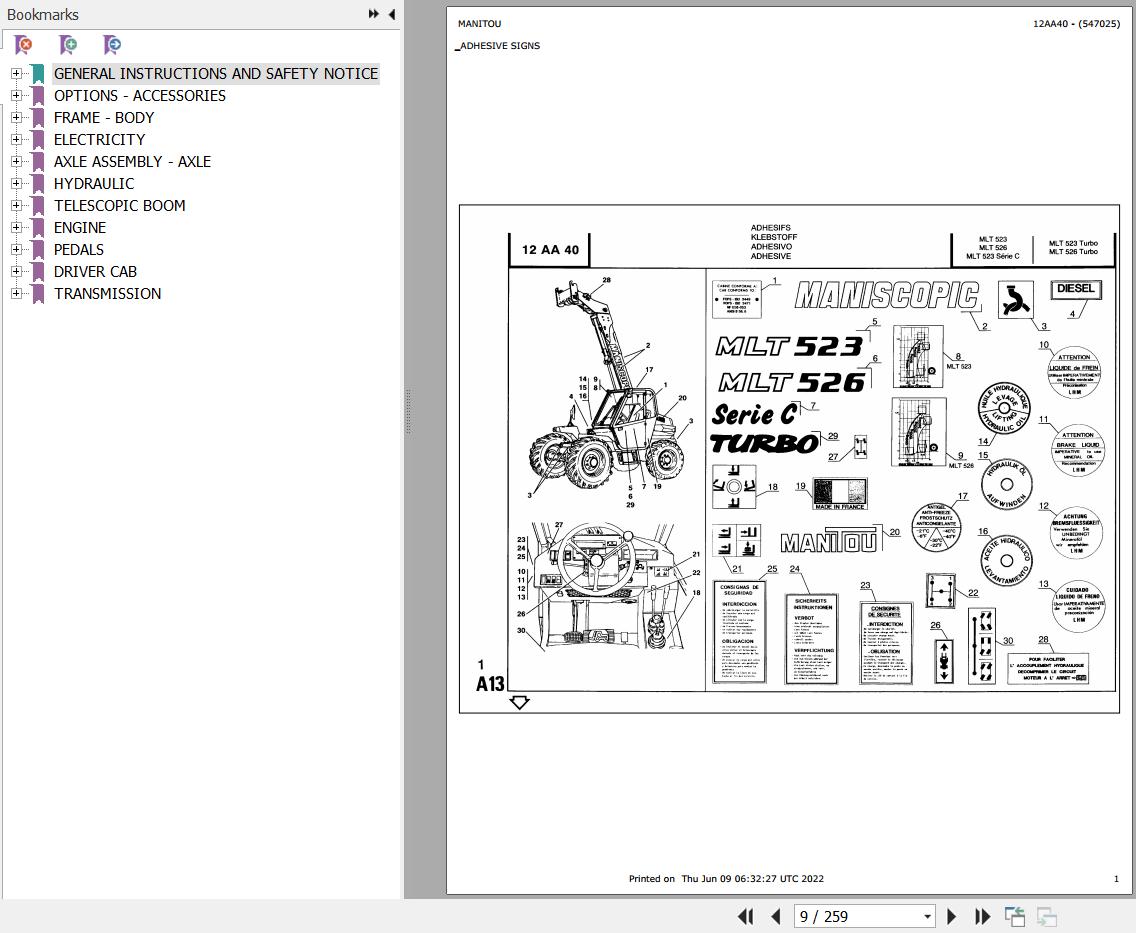 Manitou Telehandler MLT 523 SERIE C S2 Parts Catalog 547025