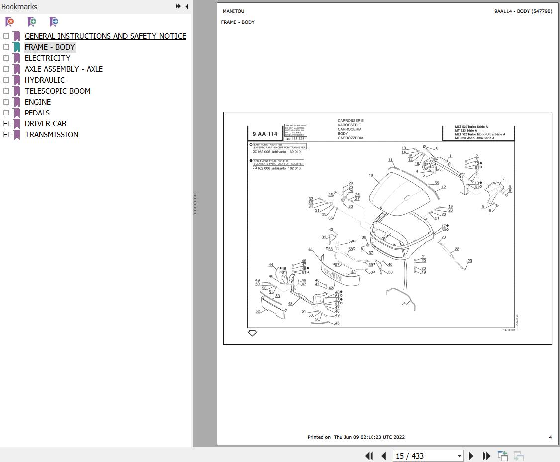 Manitou Telehandler MLT 523 TURBO MONO ULTRA SA Parts Catalog 547790