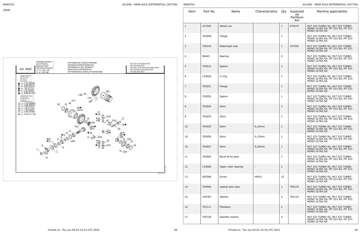Manitou Telehandler MLT 523 TURBO MONO ULTRA SA Parts Catalog 547790