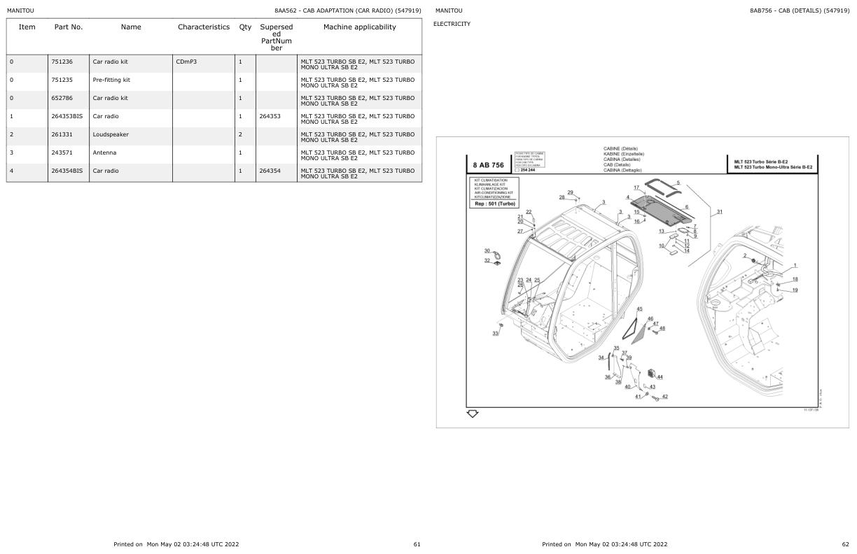 Manitou Telehandler MLT 523 TURBO MONO ULTRA SB E2 Parts Catalog 547896