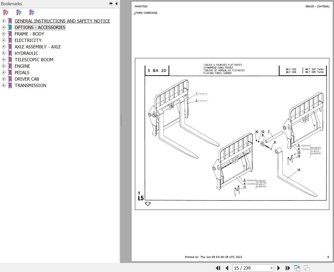 Manitou Telehandler MLT 523 TURBO Parts Catalog 547006
