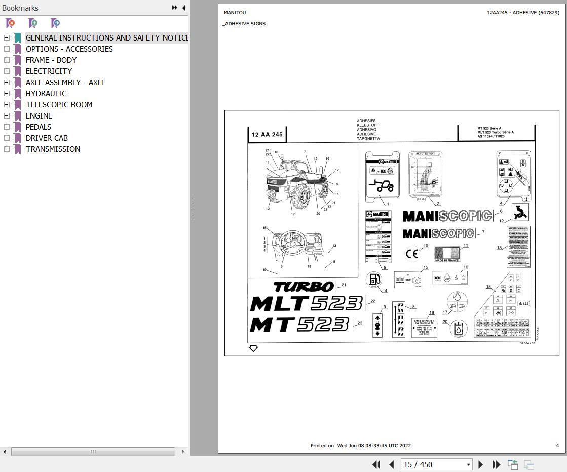 Manitou Telehandler MLT 523 TURBO SA Parts Catalog 547790