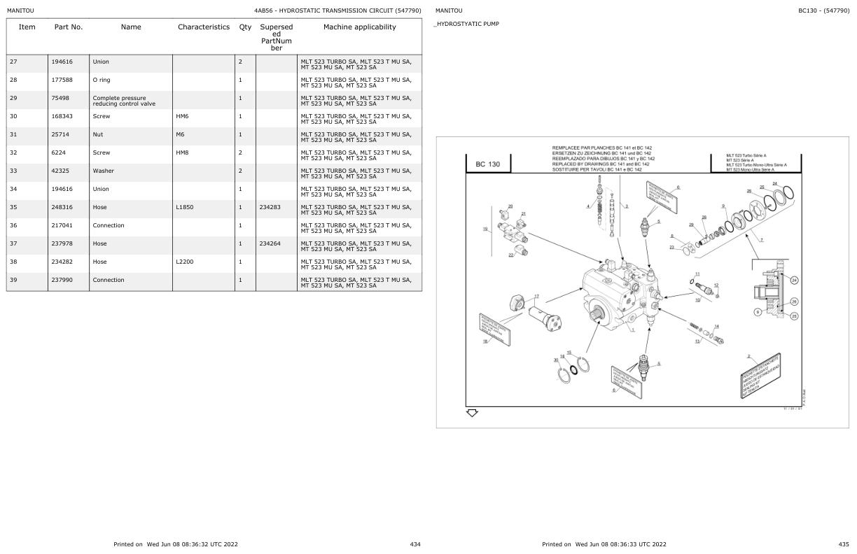 Manitou Telehandler MLT 523 TURBO SA Parts Catalog 547790