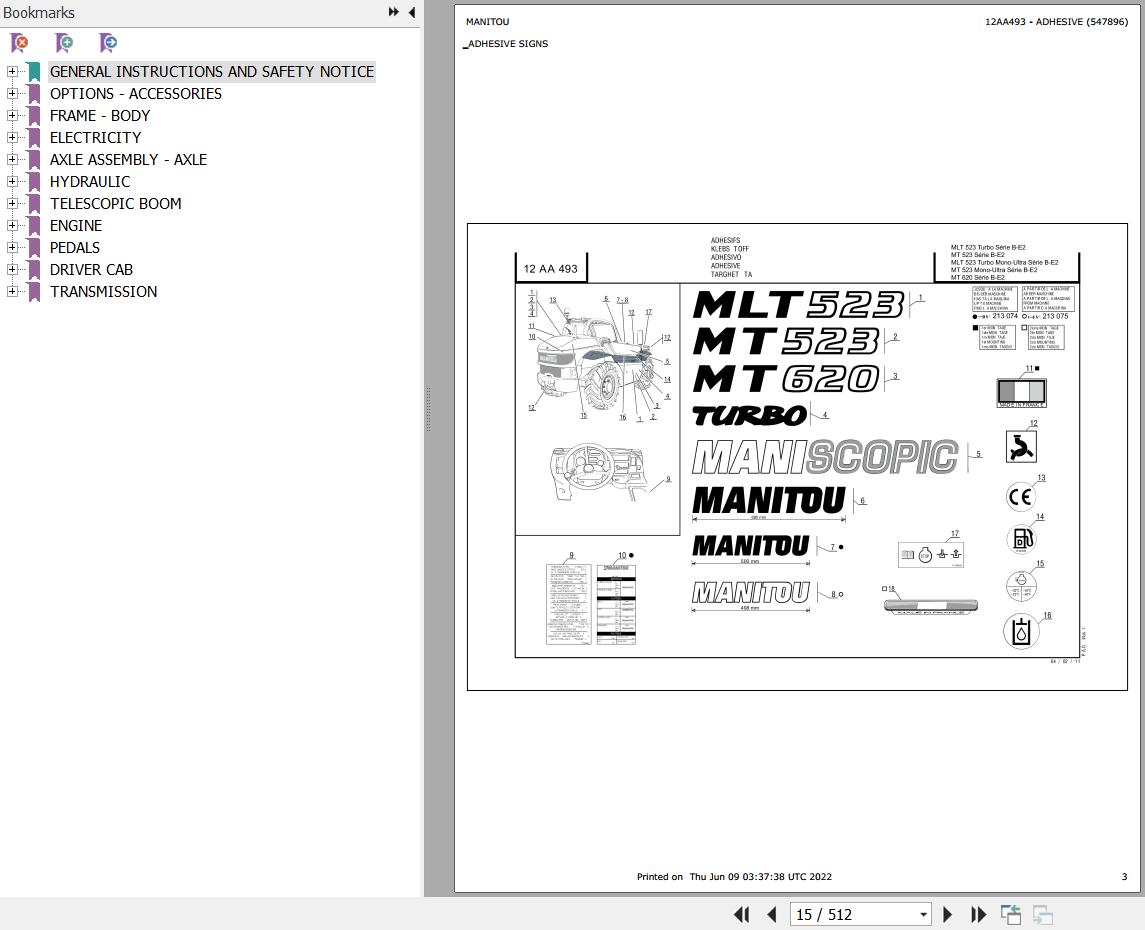Manitou Telehandler MLT 523 TURBO SB E2 Parts Catalog 547896