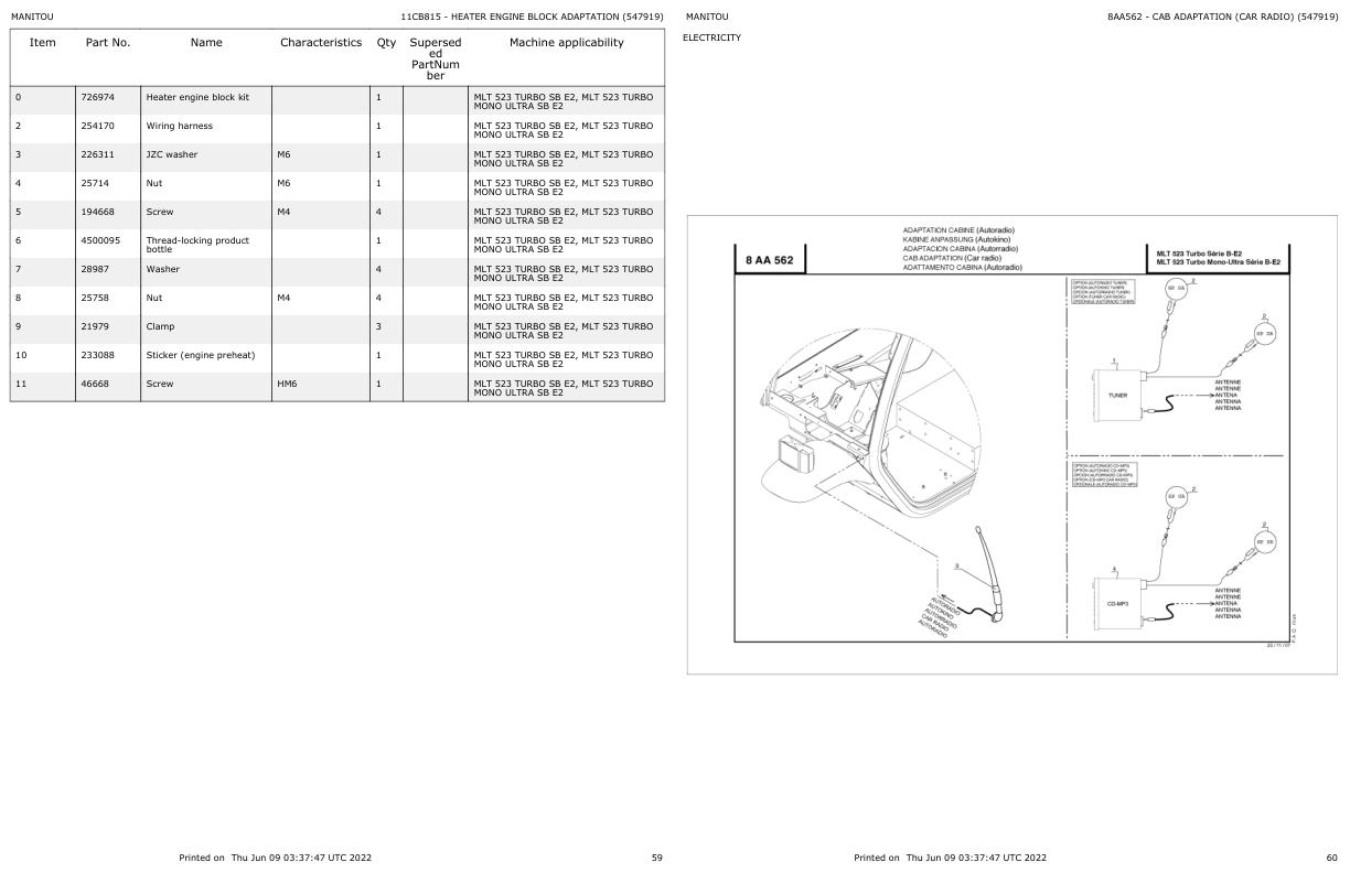 Manitou Telehandler MLT 523 TURBO SB E2 Parts Catalog 547896