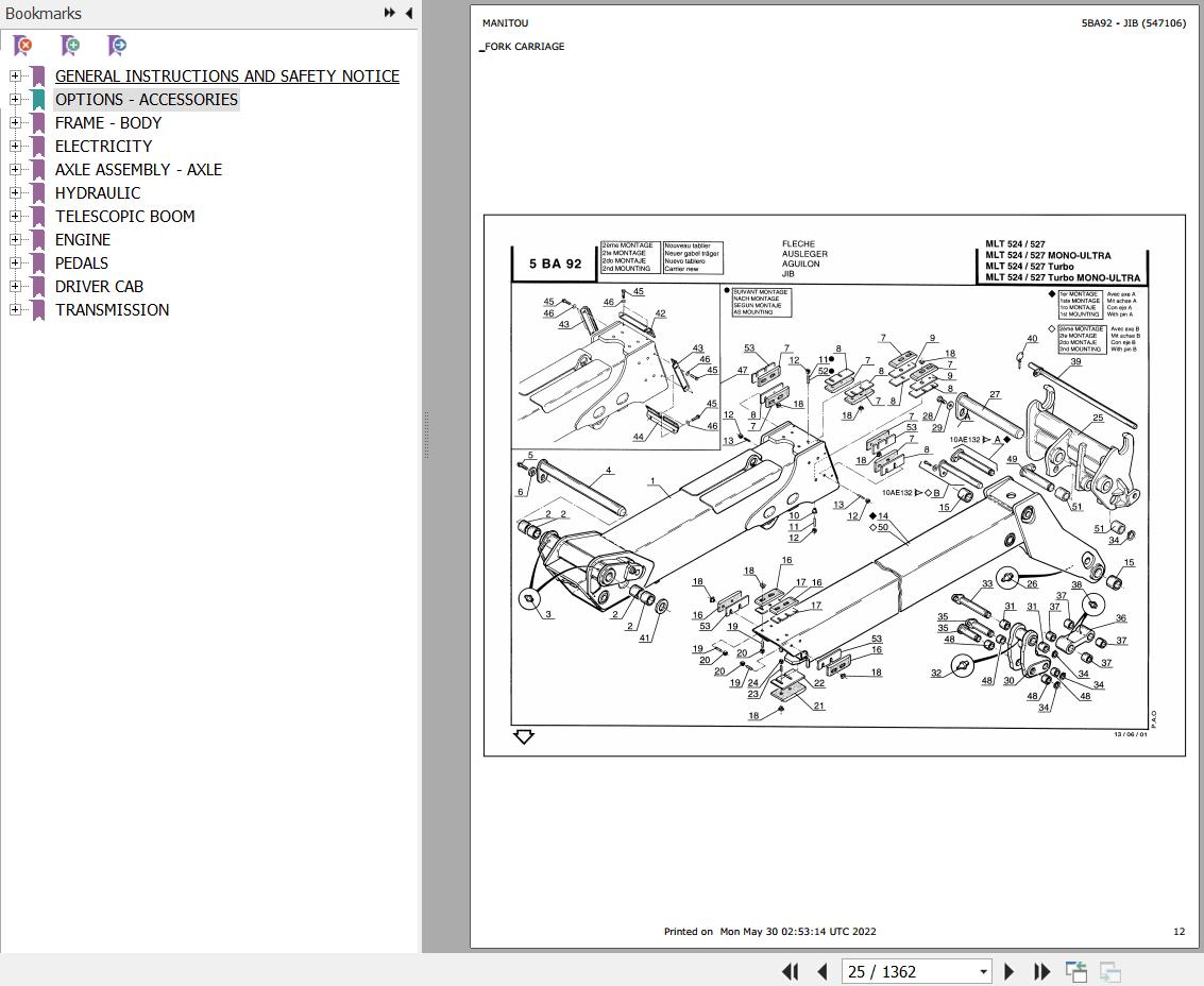 Manitou Telehandler MLT 524 MONO ULTRA Parts Catalog 547106