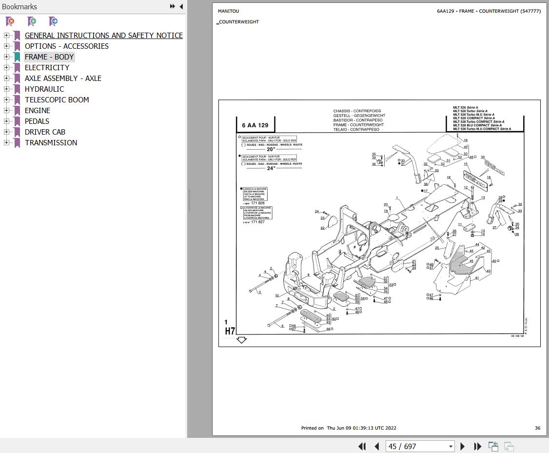 Manitou Telehandler MLT 526 TURBO 20 SA Parts Catalog 547777