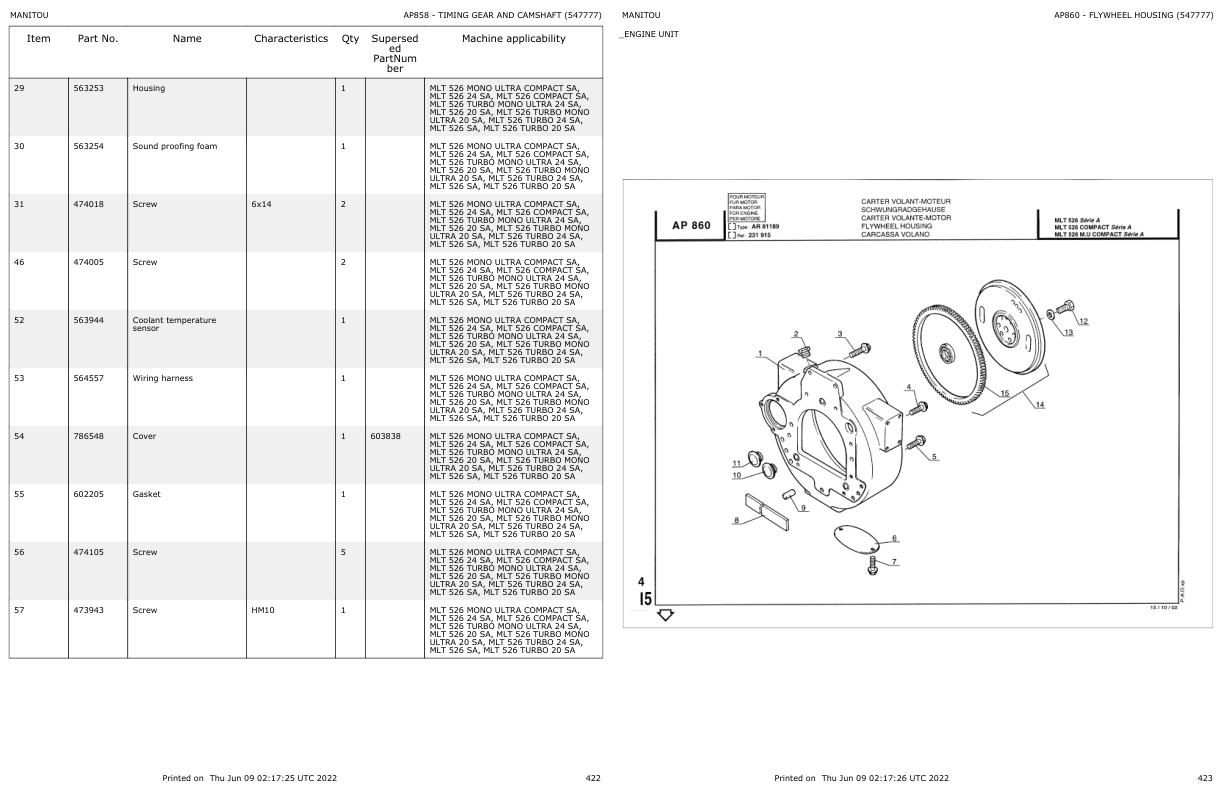Manitou Telehandler MLT 526 TURBO MONO ULTRA 20 SA Parts Catalog 547777