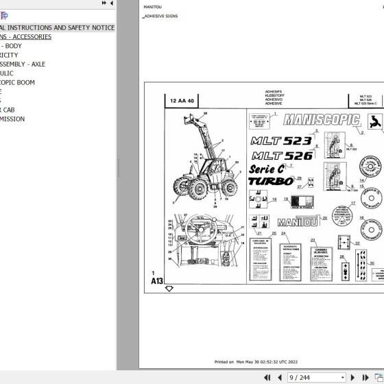 Manitou Telehandler MLT 526 TURBO Parts Catalog 547777