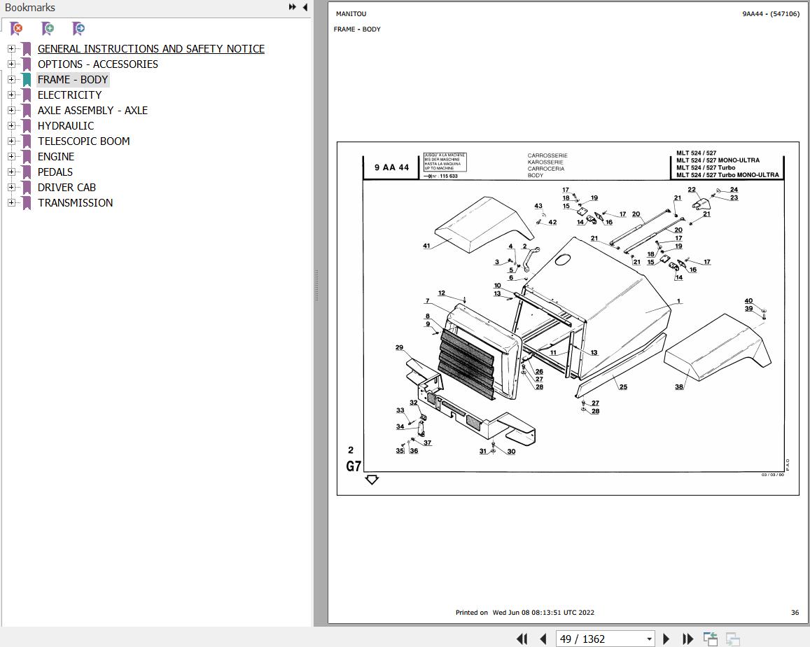 Manitou Telehandler MLT 527 MONO ULTRA Parts Catalog 547106