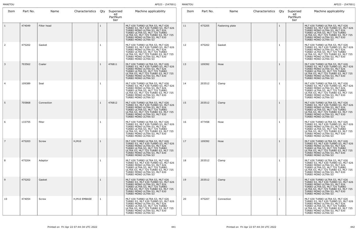 Manitou Telehandler MLT 626 TURBO MONO ULTRA S3 Parts Catalog 547001