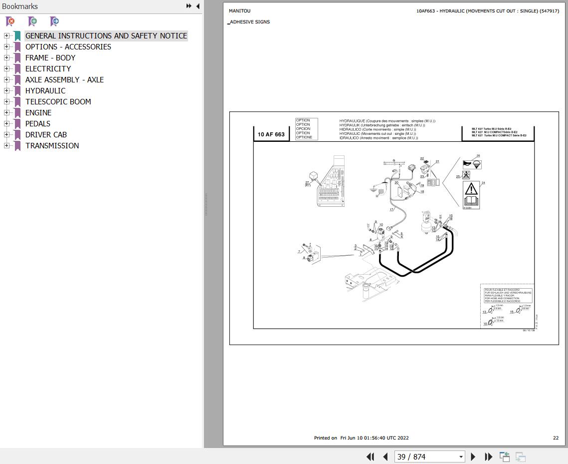 Manitou Telehandler MLT 627 MONO ULTRA COMPACT SB E2 Parts Catalog 547884