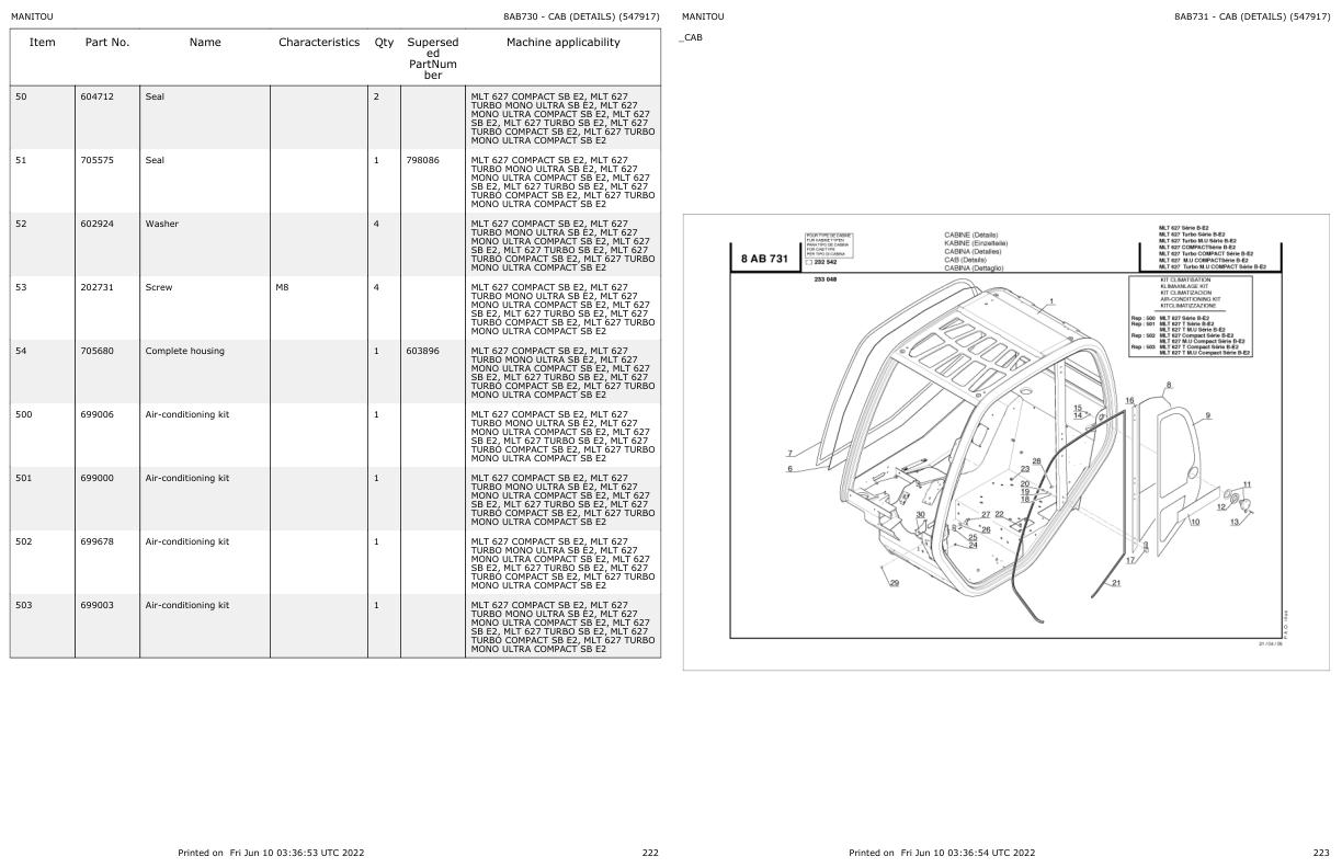 Manitou Telehandler MLT 627 Series Parts Catalog 547917