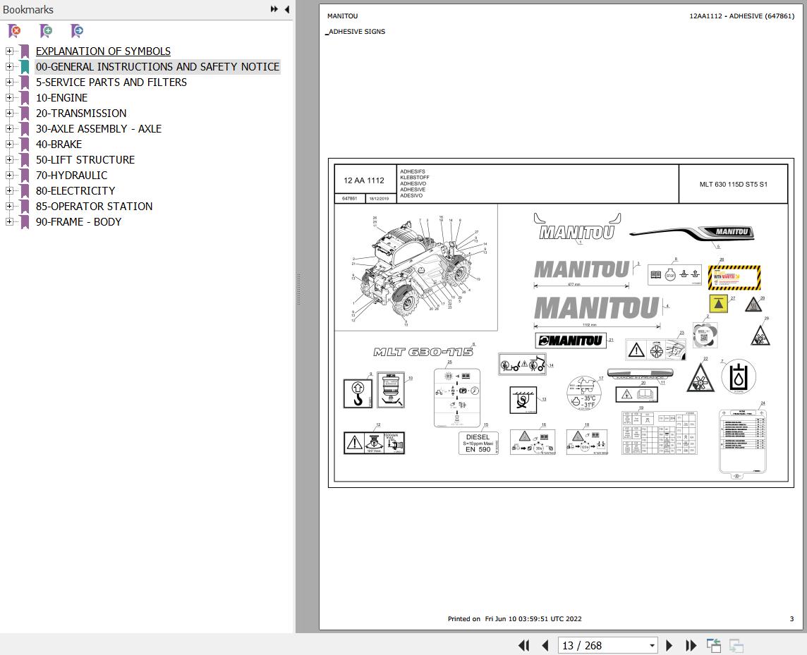 Manitou Telehandler MLT 630 115D ST5 S1 Parts Catalog 647861