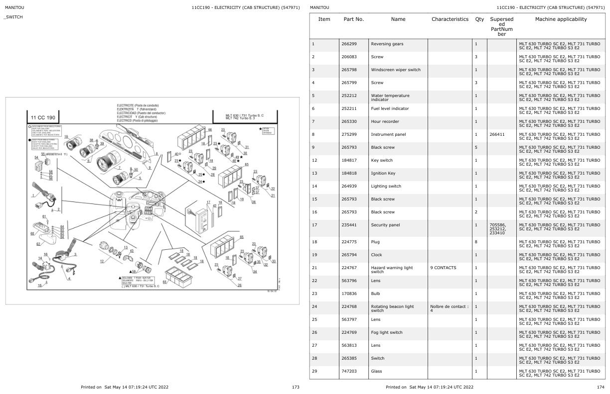 Manitou Telehandler MLT 630 TURBO SC E2 Parts Catalog 547971