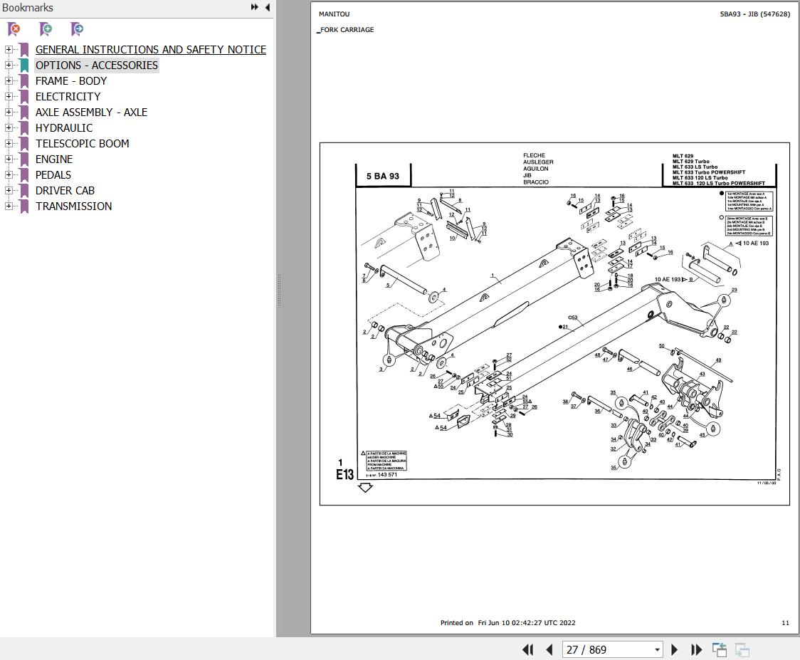 Manitou Telehandler MLT 633 LS TURBO Parts Catalog 547628