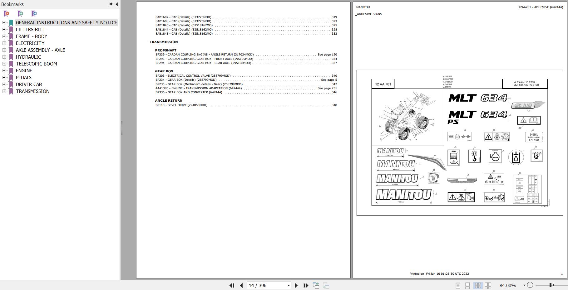 Manitou Telehandler MLT 634 120 ST3B Parts Catalog 647444