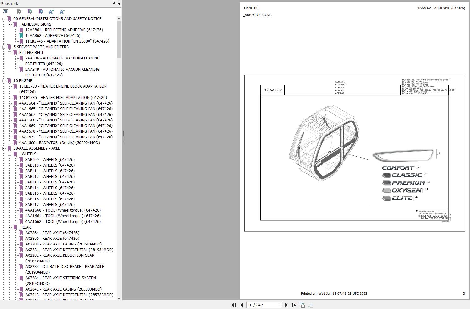 Manitou Telehandler MLT 634 Series to MLT 741 Series Parts Catalog 647426