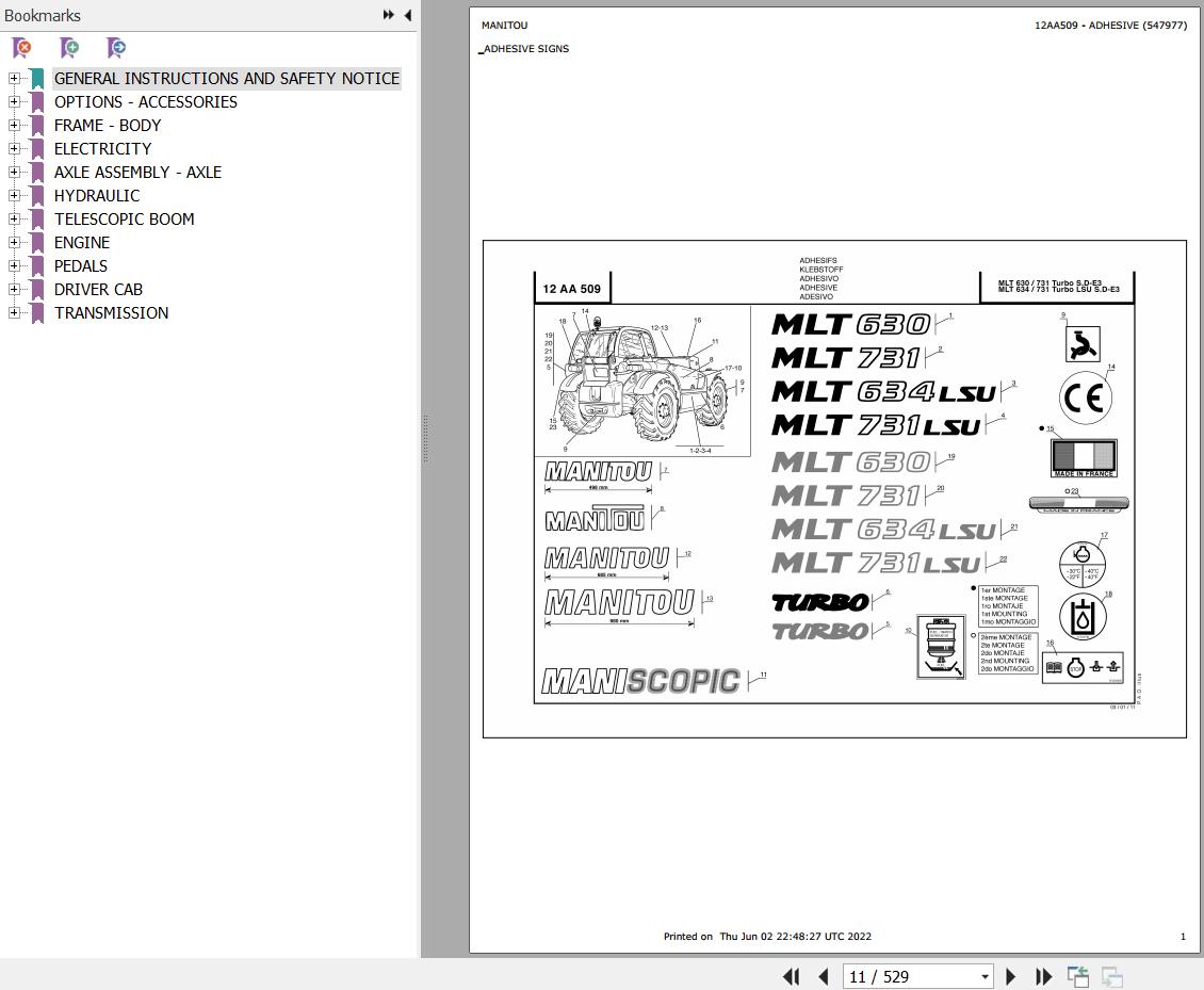 Manitou Telehandler MLT 634 TURBO LSU SD E3 Parts Catalog 547977