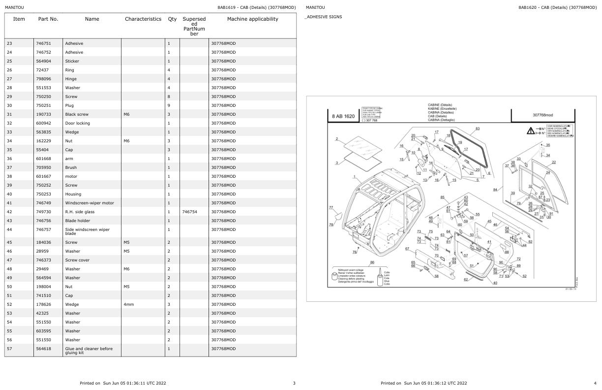 Manitou Telehandler MLT 634 TURBO LSU SF E3 Parts Catalog 647082