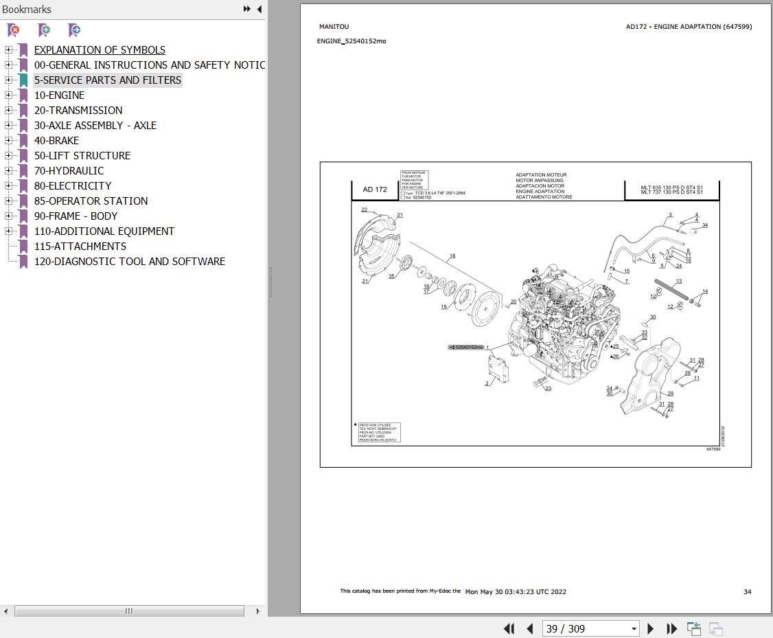 Manitou Telehandler MLT 635 130 PS D ST4 S1 Parts Catalog 647599