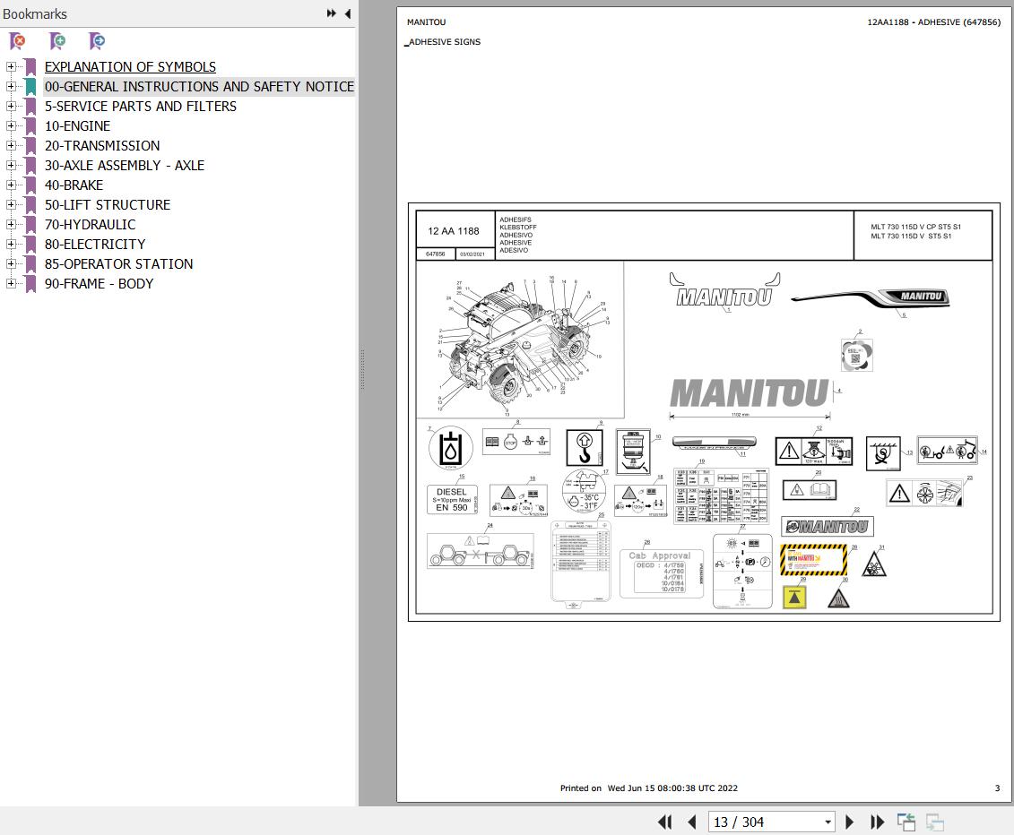 Manitou Telehandler MLT 730 115D V ST5 S1 Parts Catalog 647856