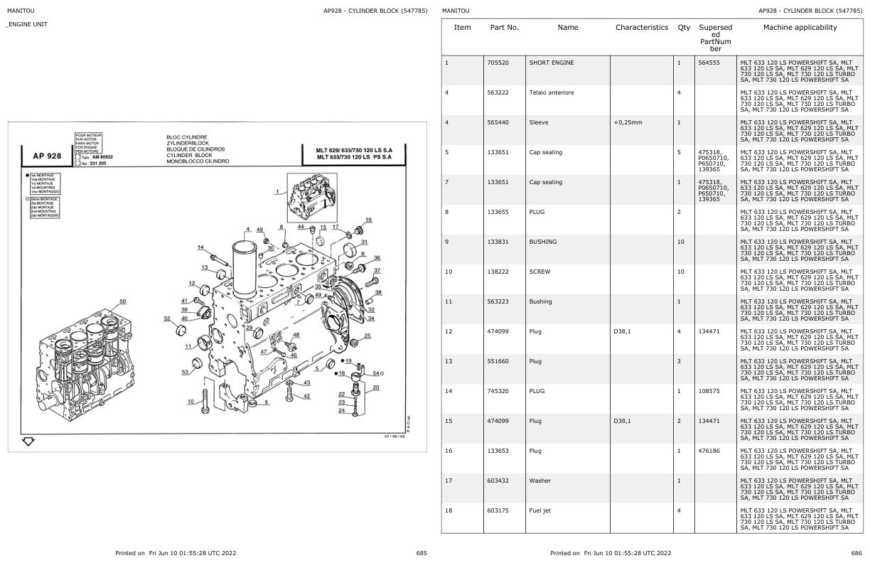 Manitou Telehandler MLT 730 120 LS SA Parts Catalog 547785