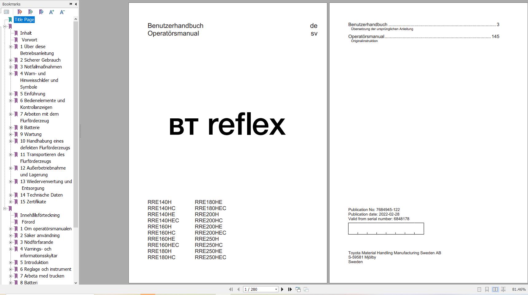 BT Reflex RRE140H to RRE250HEC Operation Manual DE SV