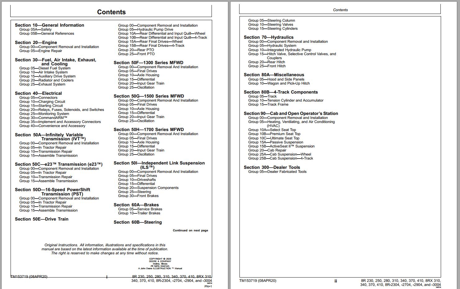 John Deere Tractor 8R 230-410 8RX 310-410 8R-2304 8R-3004 Series Technical Manual TM1537190