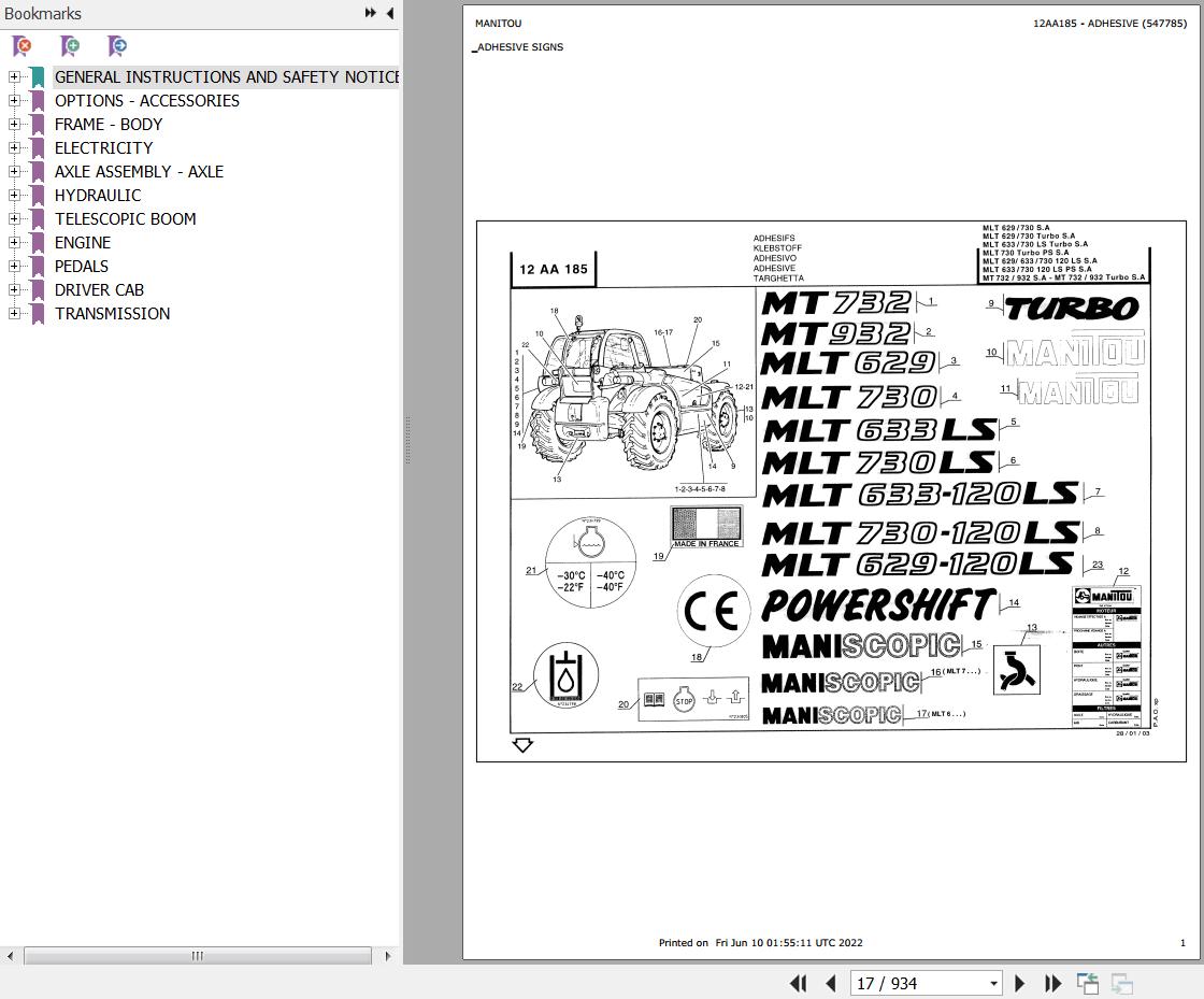 Manitou Telehandler MLT 730 TURBO POWERSHIFT SA Parts Catalog 547785
