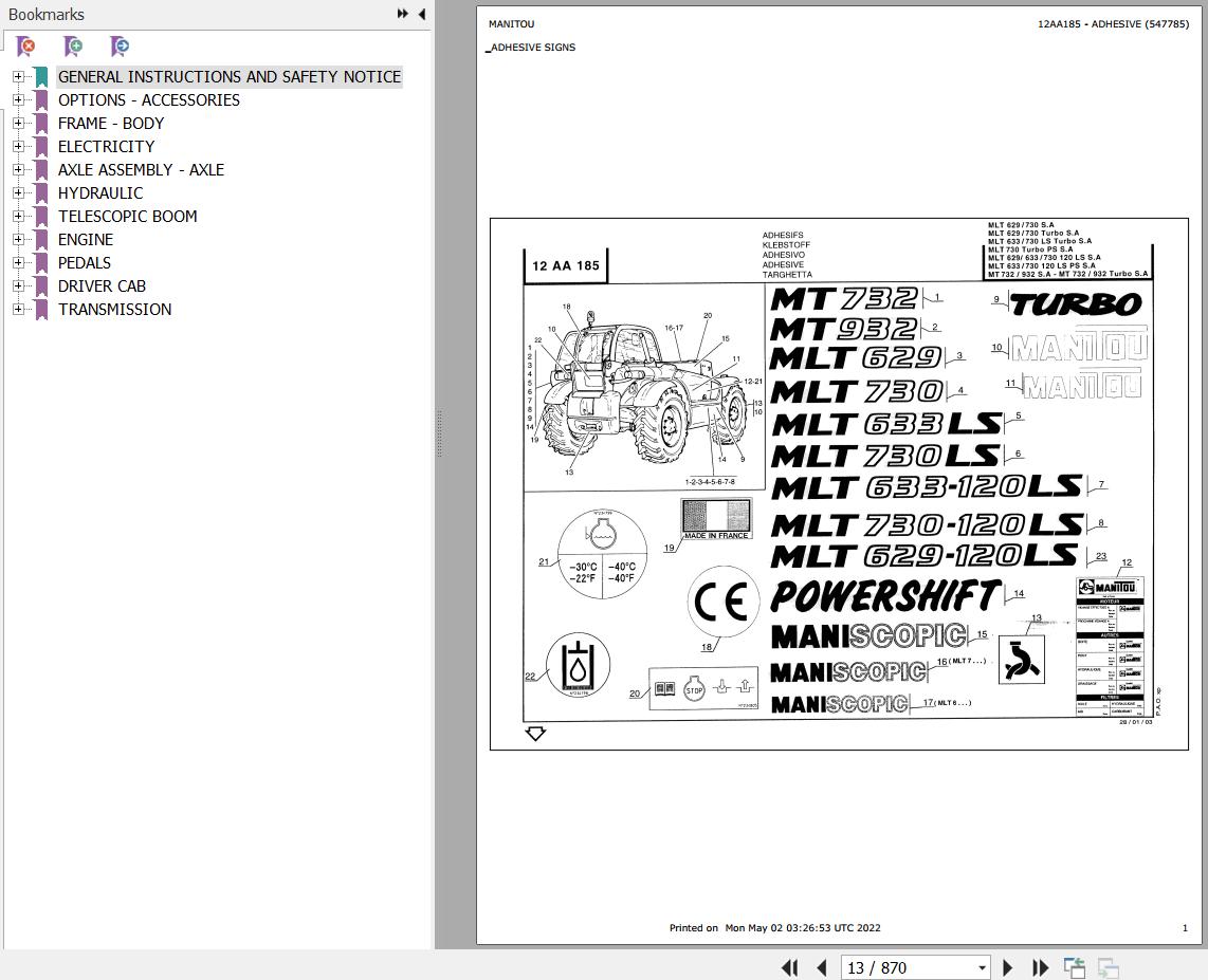 Manitou Telehandler MLT 730 TURBO SA Parts Catalog 547785