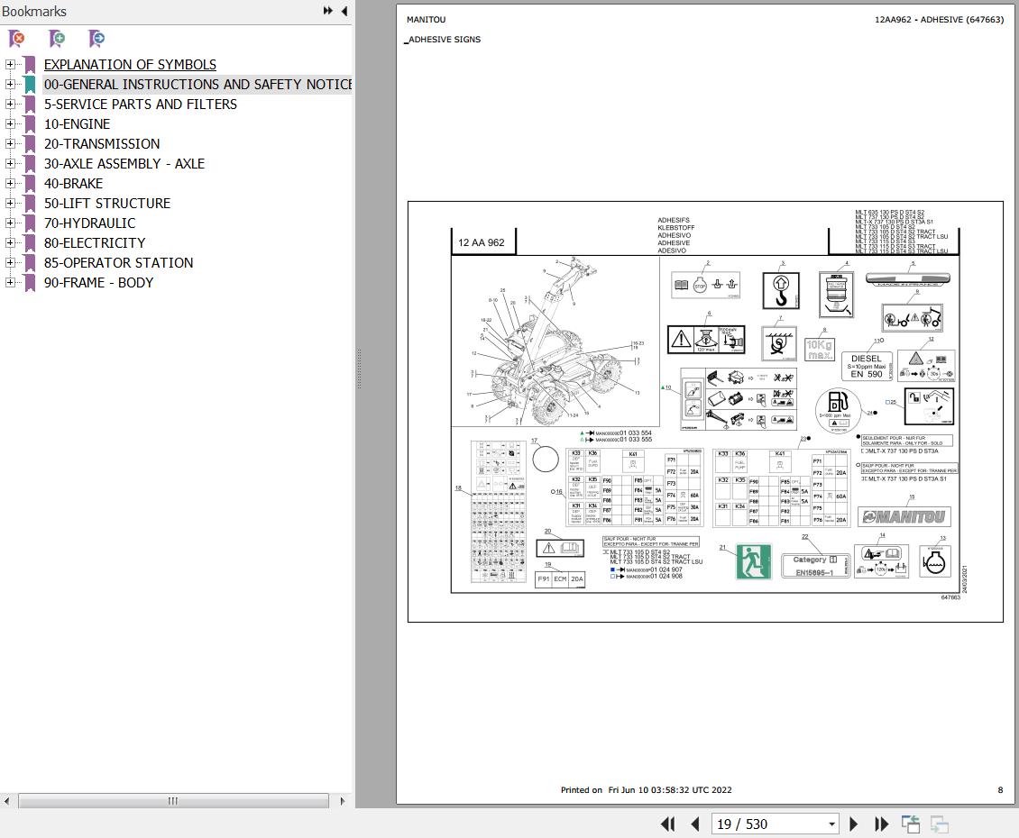 Manitou Telehandler MLT 733 115 D ST4 S3 TRACT Parts Catalog 647663