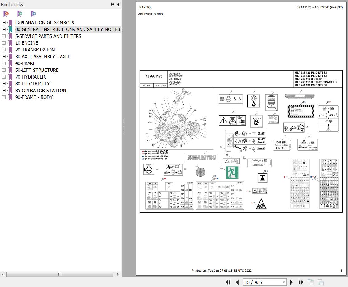 Manitou Telehandler MLT 733 115 D ST5 S1 TRACT LSU Parts Catalog 647832