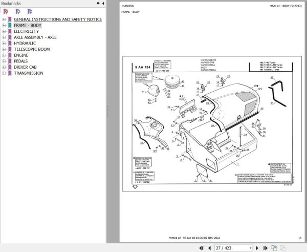 Manitou Telehandler MLT 733 H LSU TURBO Parts Catalog 547793