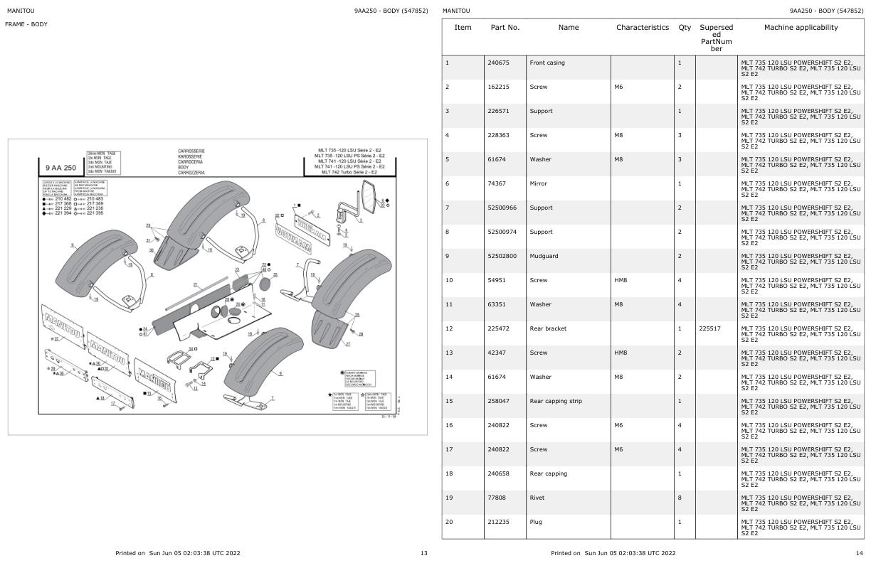 Manitou Telehandler MLT 735 120 LSU POWERSHIFT S2 E2 Parts Catalog 547852