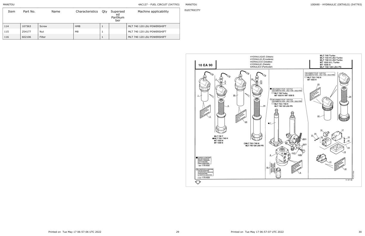 Manitou Telehandler MLT 740 120 LSU POWERSHIFT Parts Catalog 547793