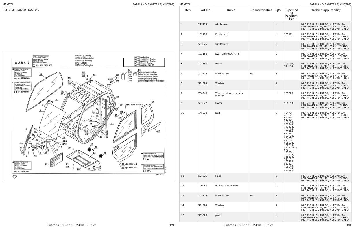Manitou Telehandler MLT 740 TURBO Parts Catalog 547793