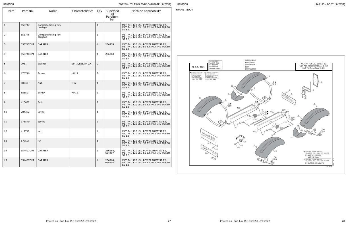 Manitou Telehandler MLT 741 120 LSU POWERSHIFT S2 E2 Parts Catalog 547852