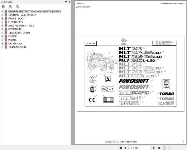 Manitou Telehandler MLT 741 120 LSU S3 E2 Parts Catalog 547971