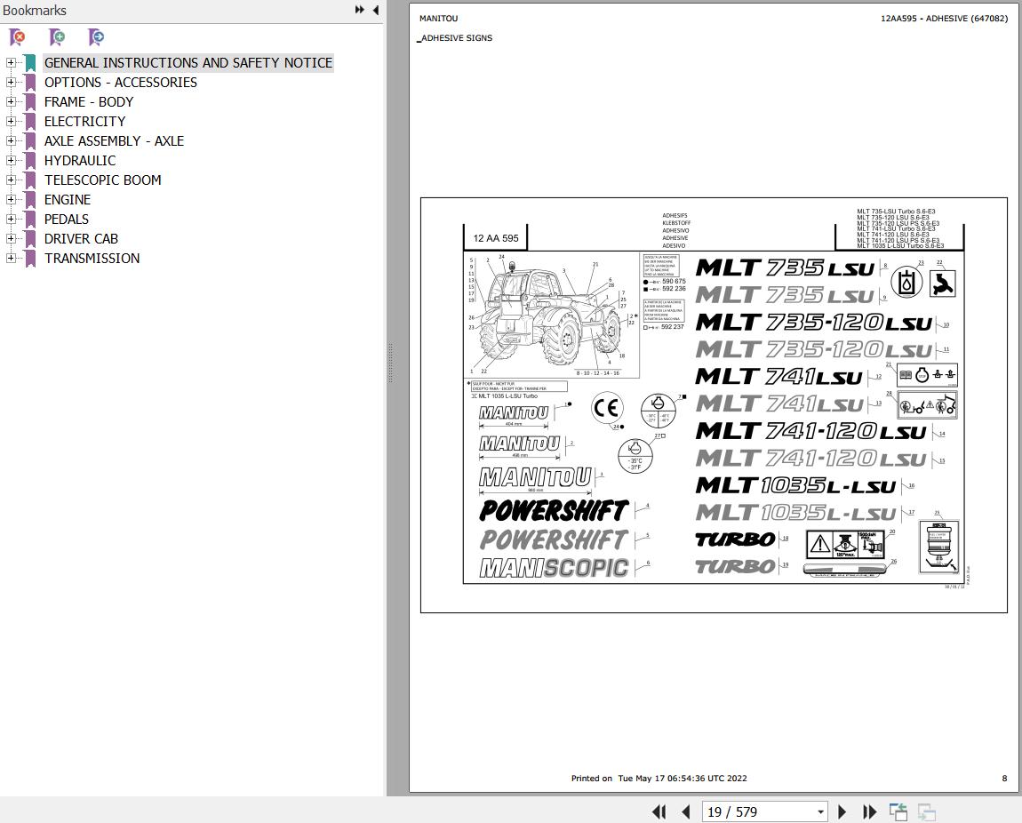 Manitou Telehandler MLT 741 TURBO LSU S6 E3 Parts Catalog 647082