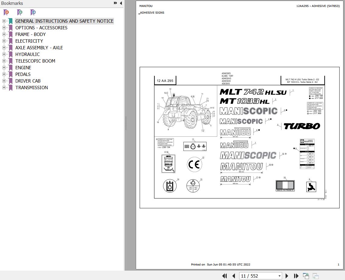 Manitou Telehandler MLT 742 H TURBO LSU S2 E2 Parts Catalog 547853