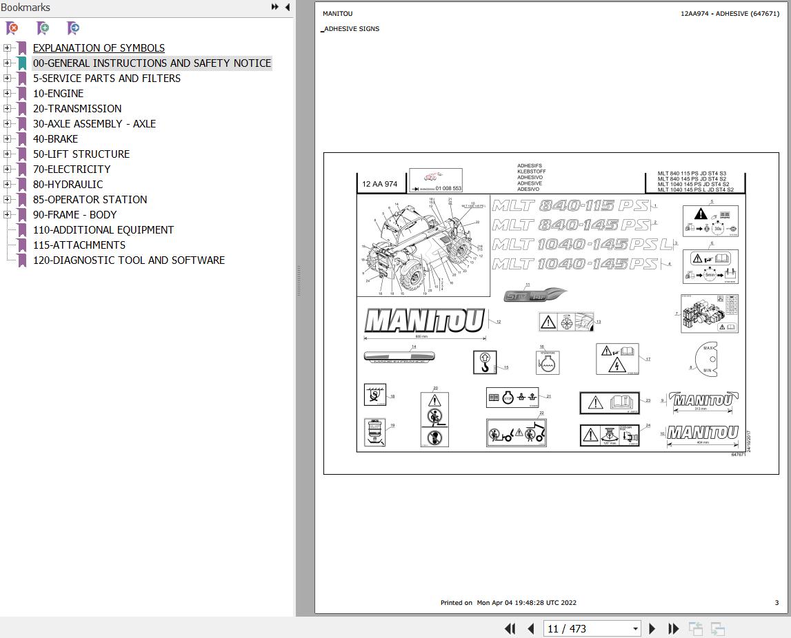 Manitou Telehandler MLT 840 115 PS JD ST4 S3 Parts Catalog 647671