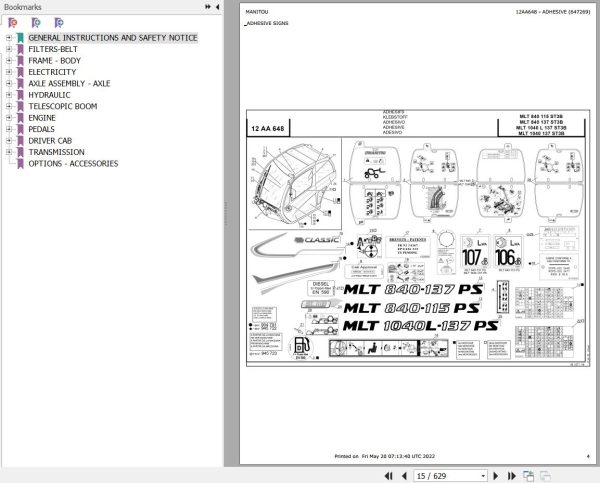 Manitou Telehandler MLT 840 137 ST3B Parts Catalog 647269