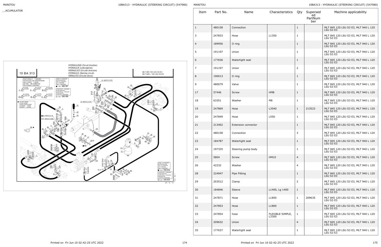 Manitou Telehandler MLT 845 120 LSU S3 E3 Parts Catalog 547980