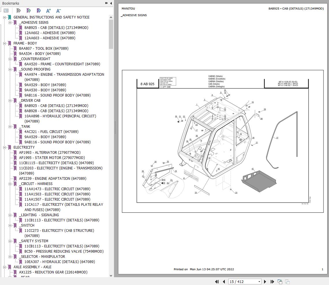 Manitou Telehandler MLT 845 H TURBO LSU S3 E3 Parts Catalog