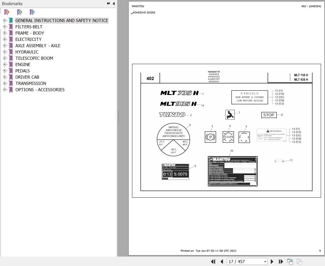 Manitou Telehandler MLT 935 H E2 Parts Catalog 648354