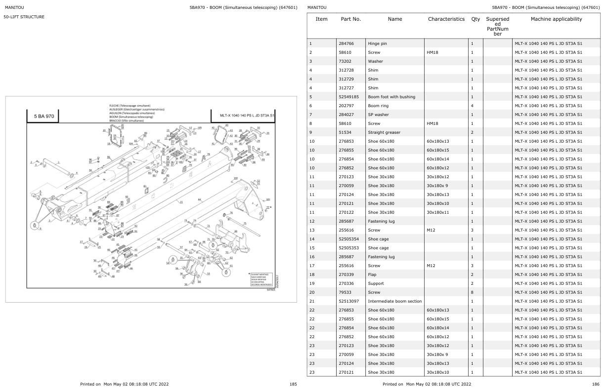 Manitou Telehandler MLT-X 1040 140 PS L JD ST3A S1 Parts Catalog 647601