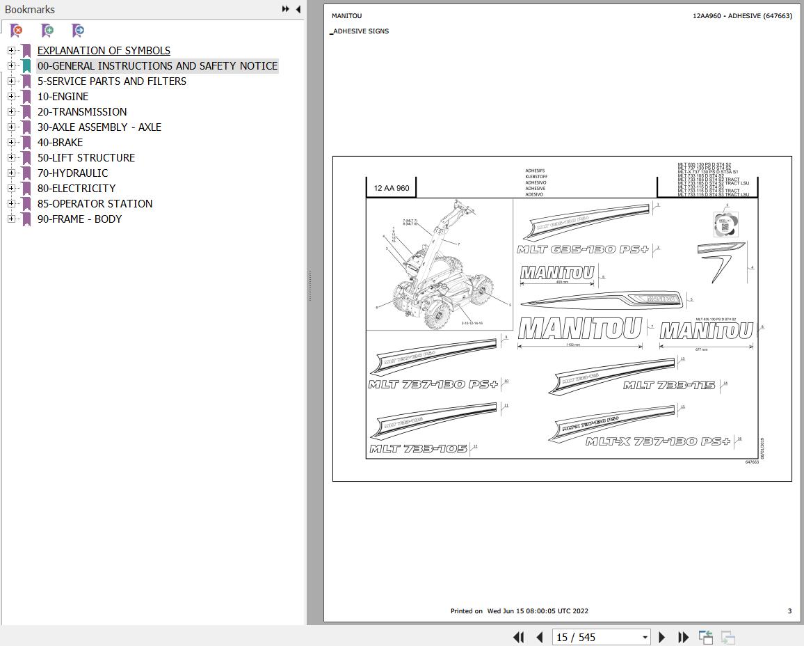 Manitou Telehandler MLT-X 737 130 PS D ST3A S1 Parts Catalog 647663